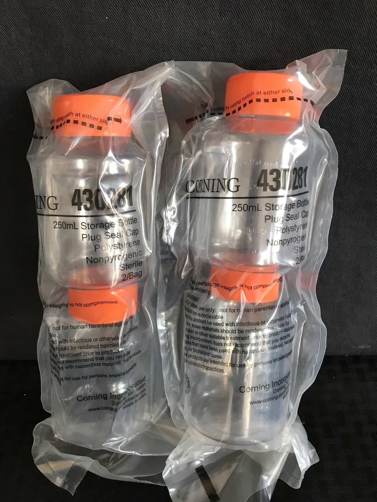 (4) CORNING 250mL Graduated Easy Grip PS Storage Bottles Plug Seal Caps ...
