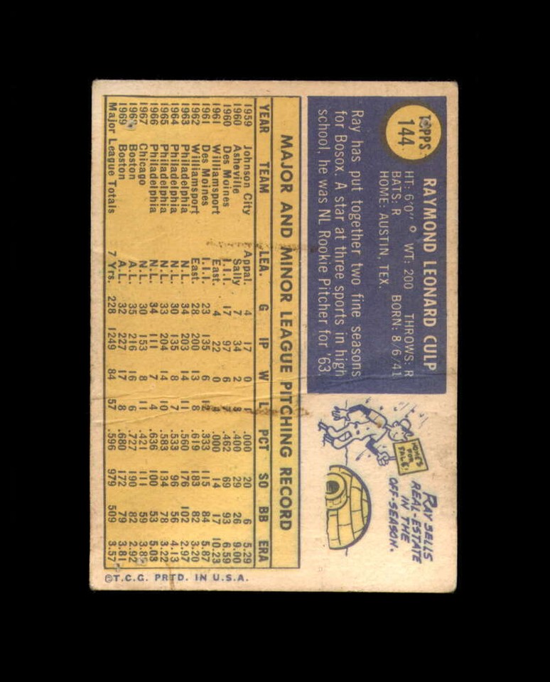 Ray Culp Signed Authentic 1970 Topps Boston Red Sox Autograph | eBay