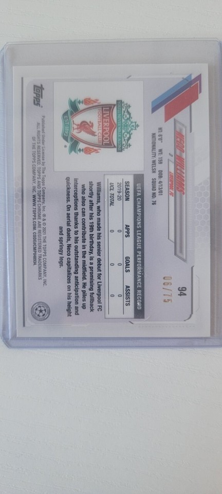 2020-21 Topps Chrome X Aoki UEFA Neco Williams Neon Future 06/75 #94 RC ...