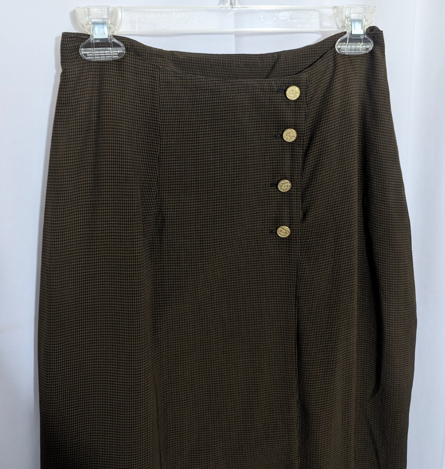 Vtg 80s L BATES Brown Check Button Wrap Midi Pencil Skirt Size 8 Lined ...