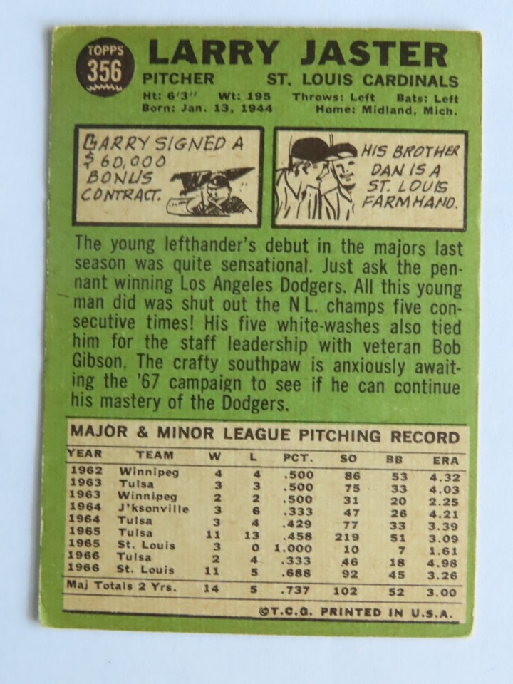 Signed Autographed 1967 Topps Baseball Card #356 Larry Jaster St Louis ...
