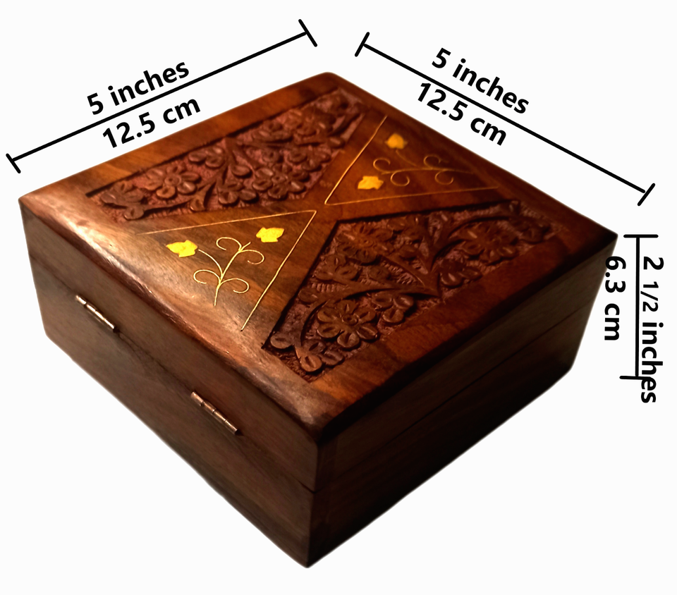 Wooden Trinket Jewelry Box Brass Inlay Handmade Hinged Carved Engrave 5 ...