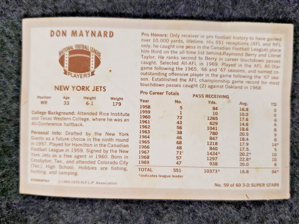 1970 Kelloggs Football #59 Don Maynard Jets (DS3D1L4) | eBay