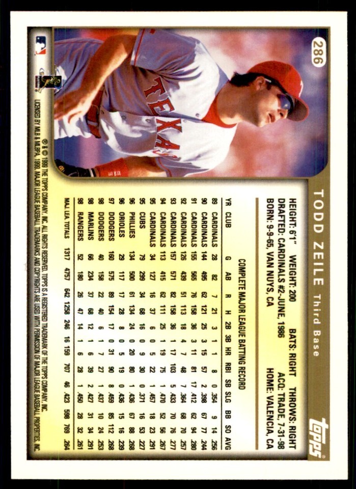 1999 Topps Baseball Card Todd Zeile Texas Rangers #286 | eBay