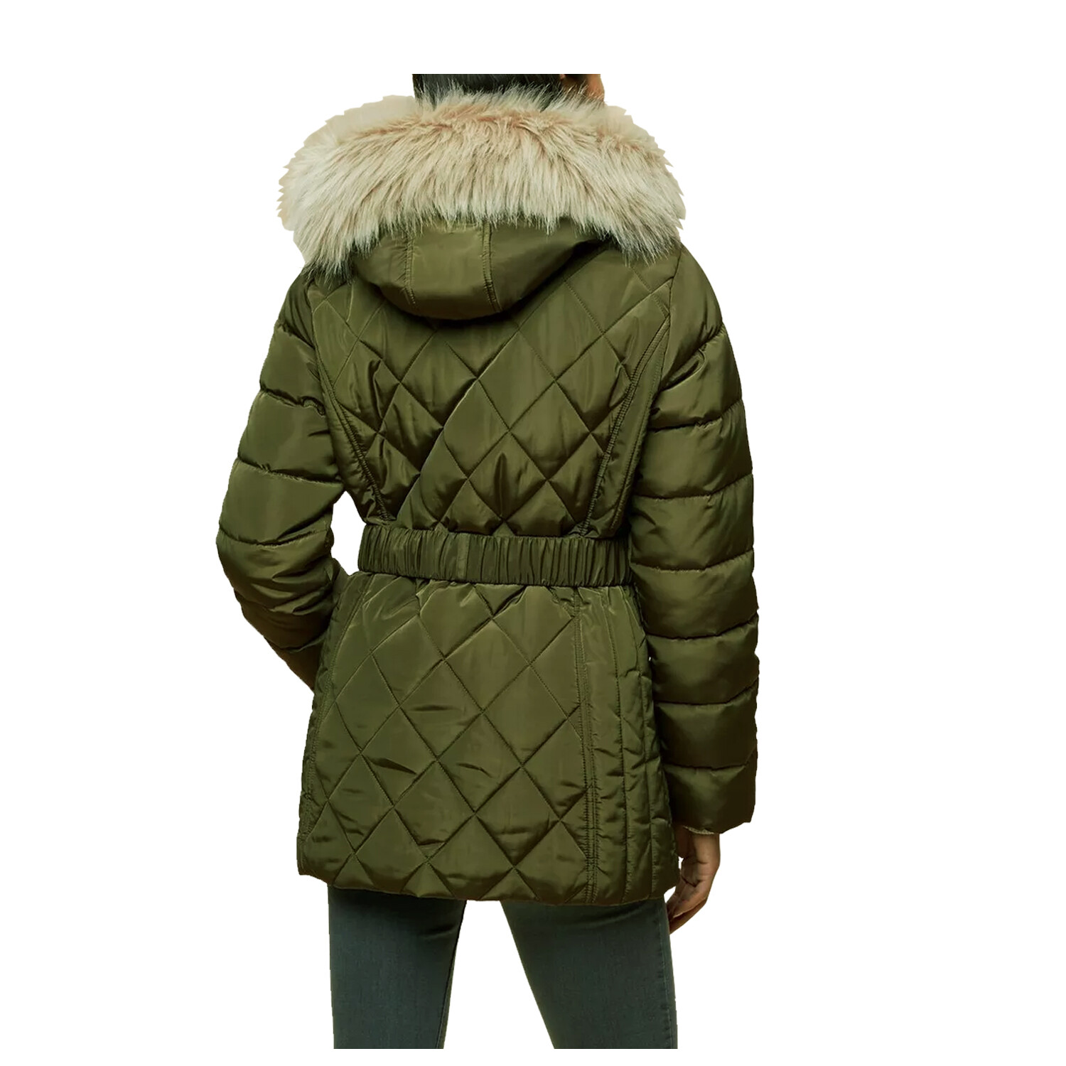 Ex Brand Womens Padded Long Jacket Quilted Belted Faux Fur Hooded ...