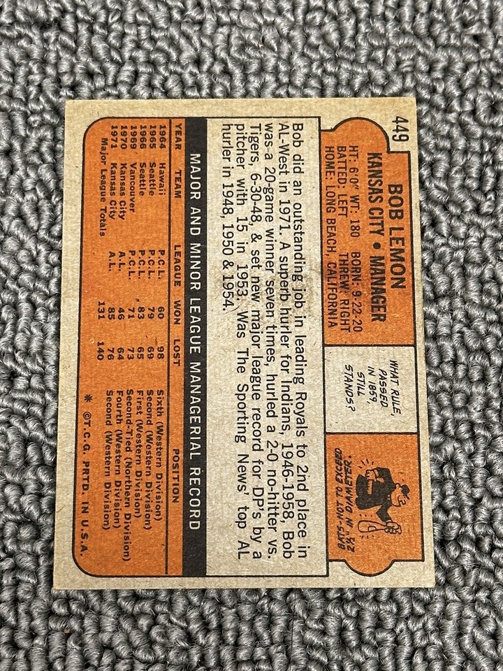 1972 Topps ~ Bob Lemon ~ Royals ~ 449 ~ Fill / Complete Your Set | eBay