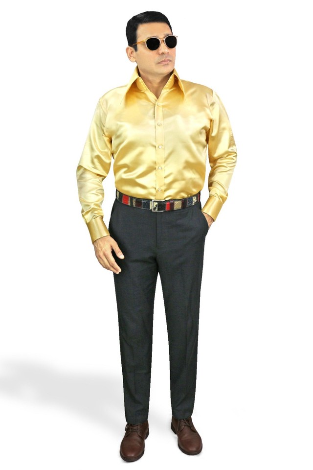 Men's Red Carpet Look Shiny Glossy Shirt Gold Satin 70s High Long ...