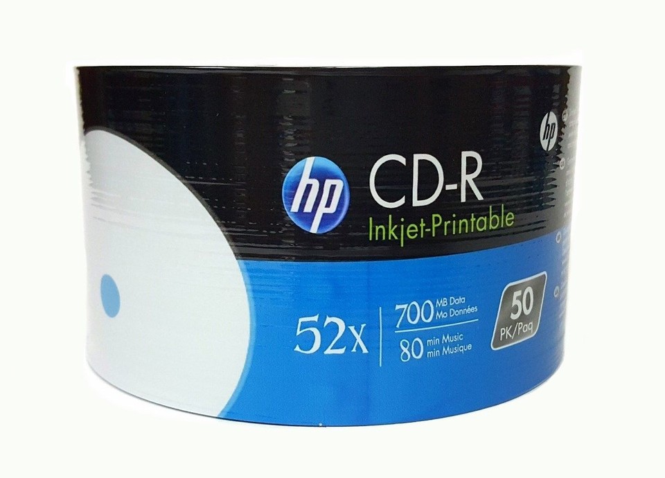 100 HP CD-R CDR White Inkjet Hub Printable Disc 700MB 80 Min Blank ...