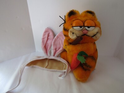 Dakin Garfield 1981 stuffed plush animal cat Easter bunny ears fishing ...