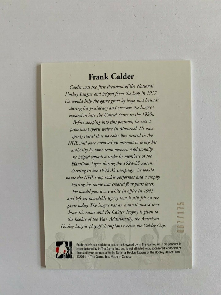 2010-11 ITG Enshrined #79 Frank Calder 067/175 | eBay