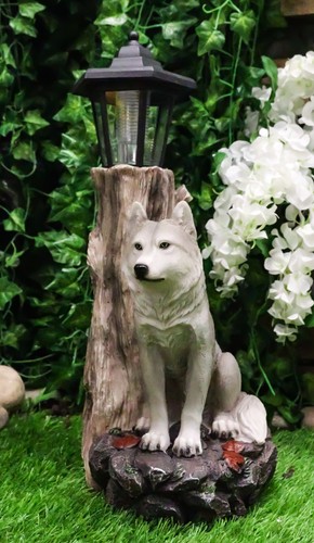 Woodlands Lone Gray Wolf Greetings Figurine Solar LED Light Lantern ...
