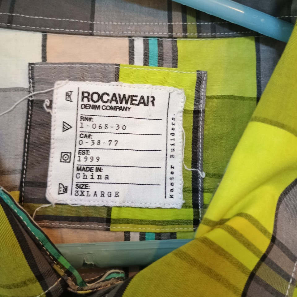Rocawear Mens 3XL Plaid Short Sleeve Button Down Shirt Flap Pockets Gray Green | eBay