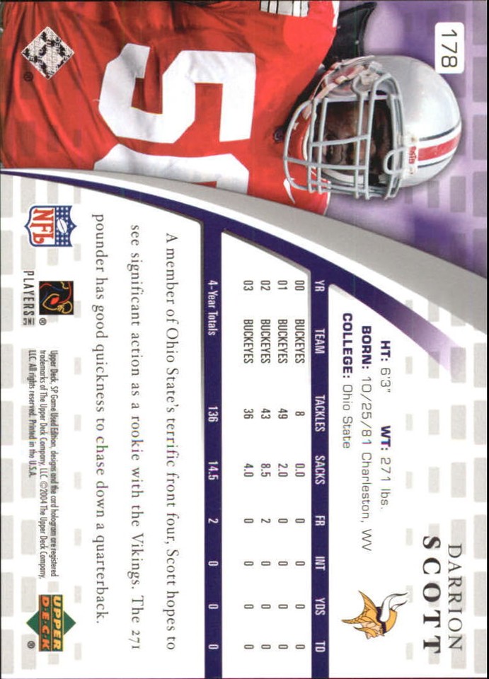 2004 SP Game Used Edition Football Card #178 Darrion Scott Rookie | eBay