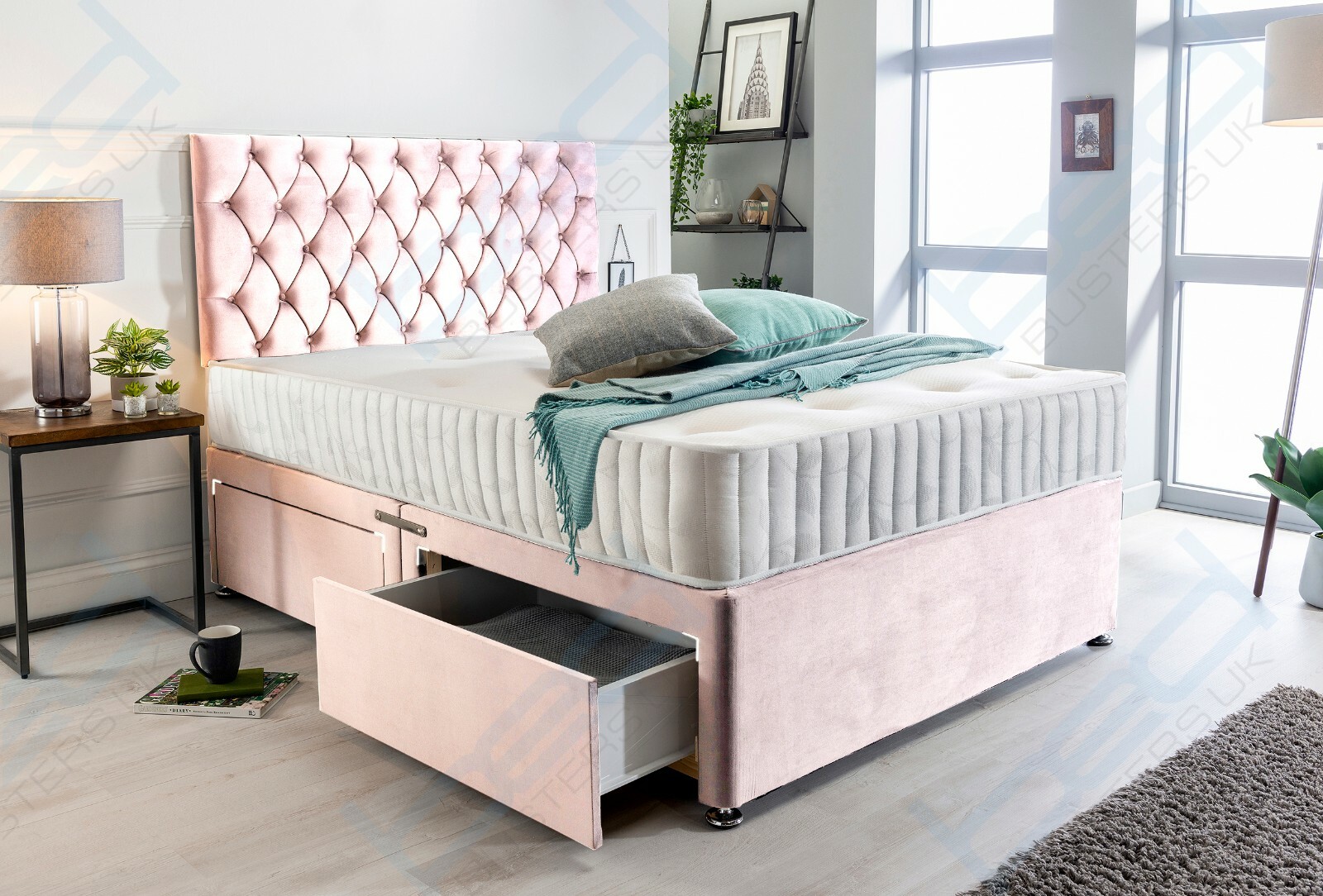 PINK PLUSH VELVET DIVAN BED SET WITH MATTRESS & HEADBOARD, 4FT6 DOUBLE ...