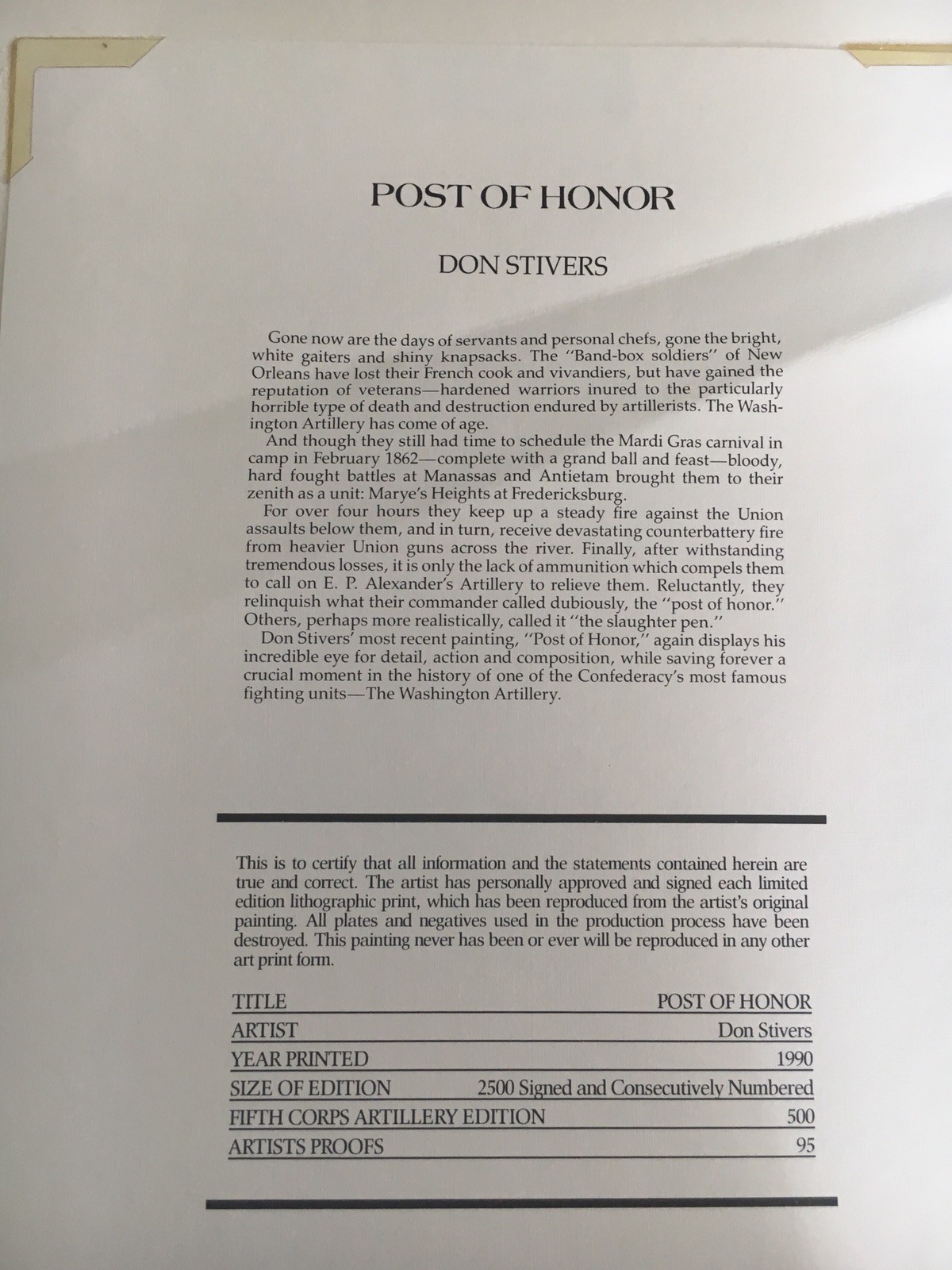 "Post of Honor" Don Stivers Signed Limited Ed Collectible Civil War ...