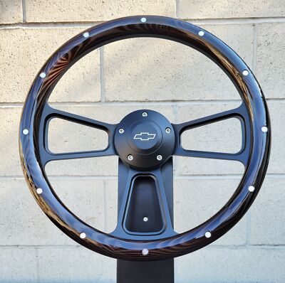 14" Black Billet Steering Wheel Real Dark Wood Burnt Pine Rivets Chevy ...