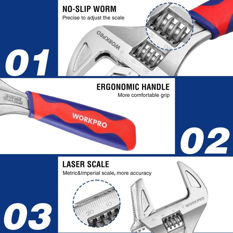 WORKPRO Wide Mouth Adjustable Wrench and Pipe Wrench 2 in 1 42mm Extra ...
