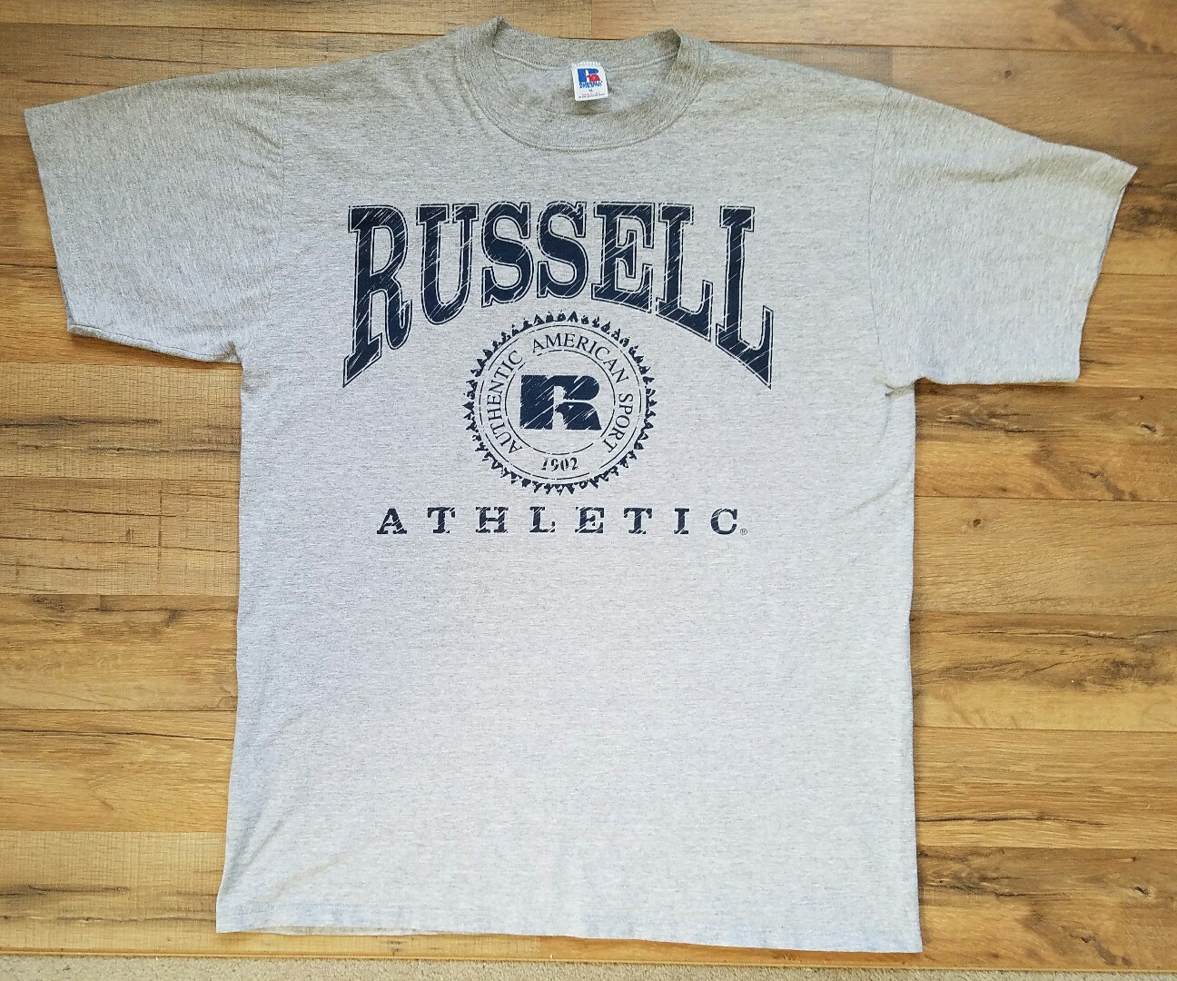 Russell Athletic Gray T Shirt Navy Print & Logo Authentic American ...