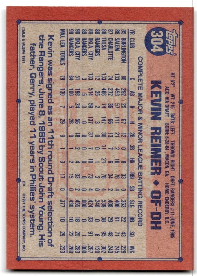 1991 Topps Baseball Card Kevin Reimer Texas Rangers #304 | eBay