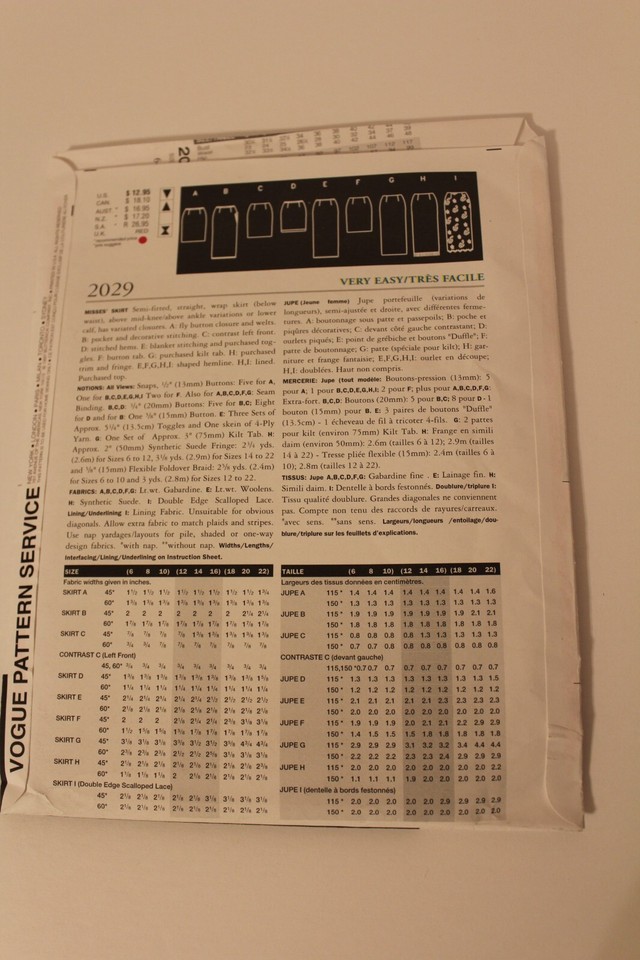 Vogue Pattern Easy Options #2029 Size 6,8,10 Misses' Skirt 9 different ...