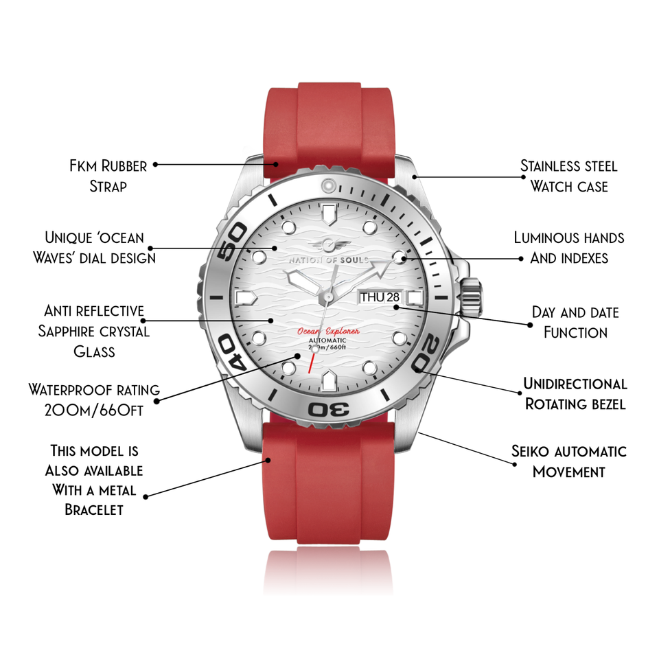 Explorer Automatic Silver/White/Red Rubber Strap Dive Watch 200m RRP £ ...