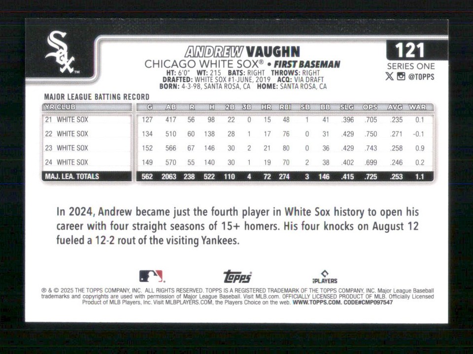 2025 Topps #121 Andrew Vaughn Chicago White Sox 39960 | eBay