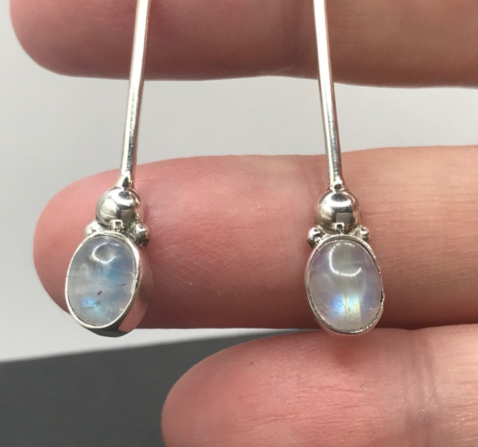 Rainbow moonstone long oval drop earrings, solid Sterling Silver, 55mm ...