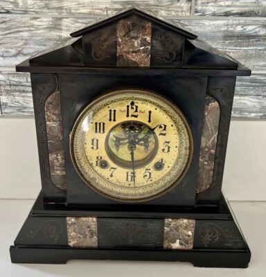 Antique Black Gold Ansonia Mantle shelf clock 1882 Collectible Marble ...