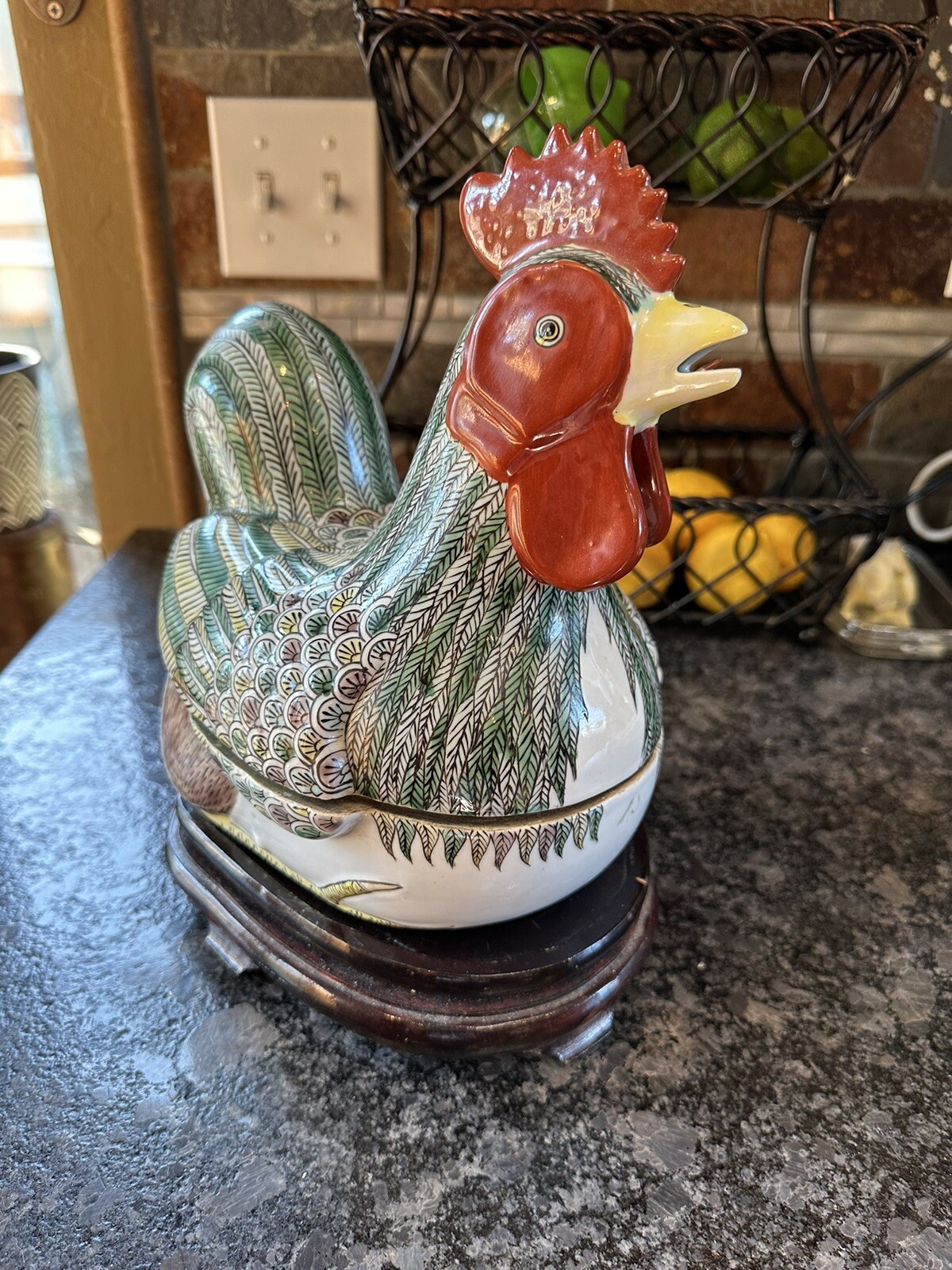Chinese Porcelain Rooster Tureen Vert Turquoise Inside With Wood Base ...
