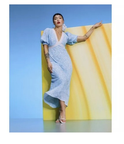 NWT Rixo x Target Light Blue Floral Puff Sleeve Lace Insert Dress Size ...