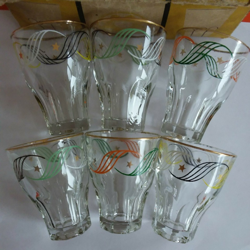 6 Vintage 50s Retro Atomic Shot Glasses Original Box Claymer Golden ...