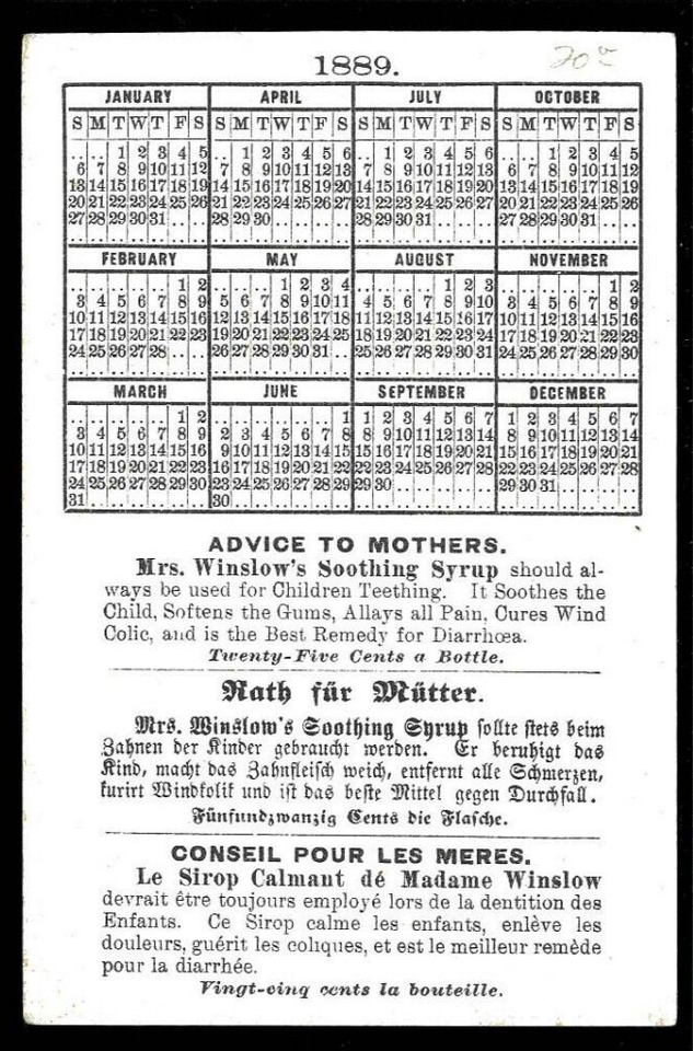 trade card, Mrs Winslows Soothing Syrup, 1889 calender S6D-TC-2243 | eBay