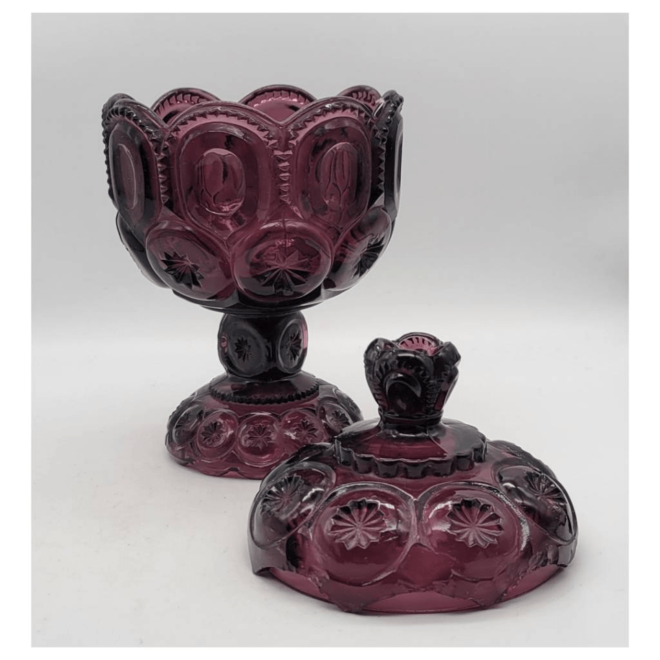L.E. Smith Moon and Stars Pedestal Compote Candy Dish Amethyst Rare ...