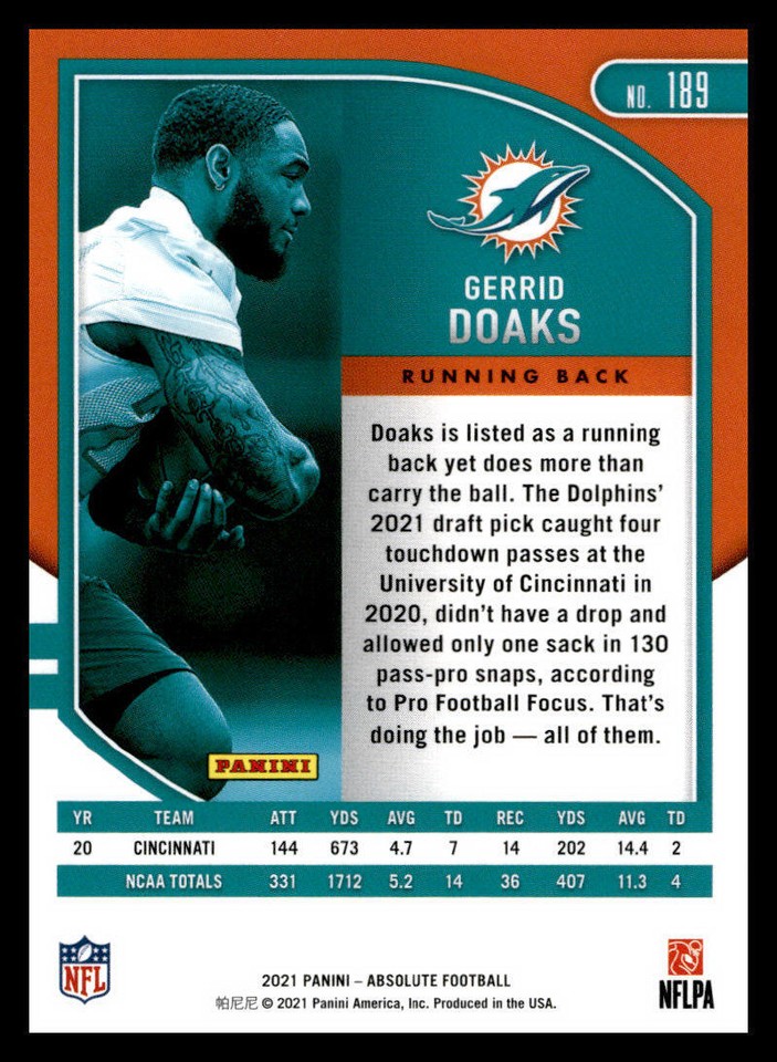 2021 Panini Absolute Gerrid Doaks #189 Miami Dolphins | eBay