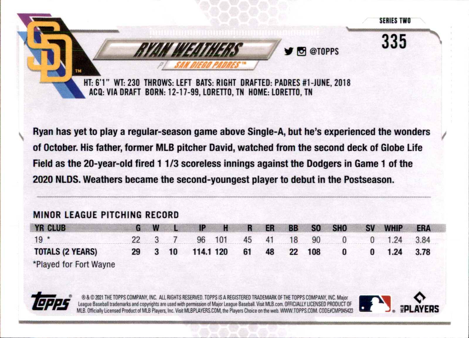 Ryan Weathers #7 2021 Topps | eBay