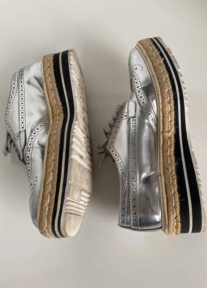 PRADA SS 2011 Silver Leather Brogues Derby Espadrille Creeper Sz 37/US ...