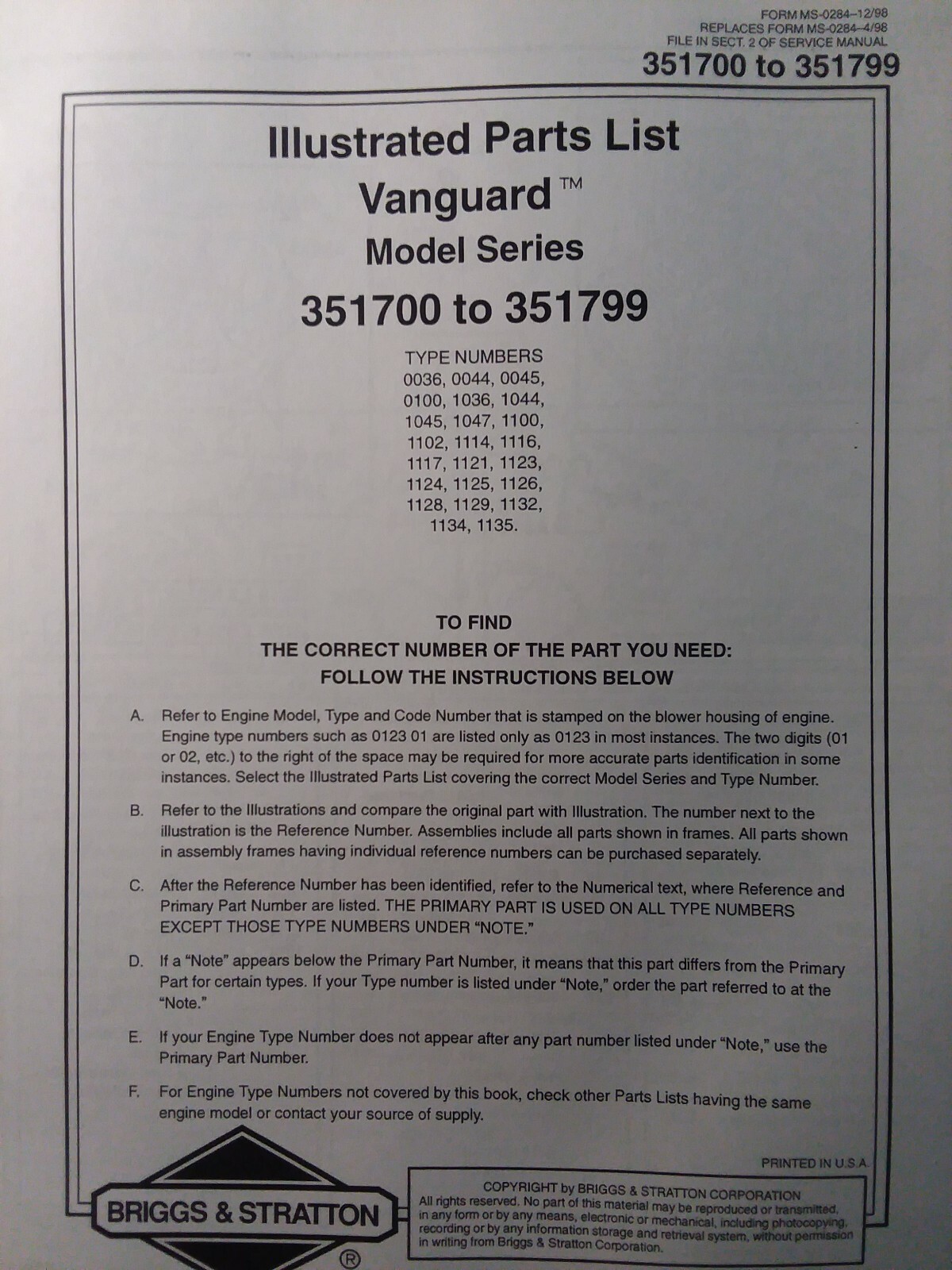 Briggs & Stratton 20 hp Verti Twin Vanguard Engine 351700 to 351799 ...