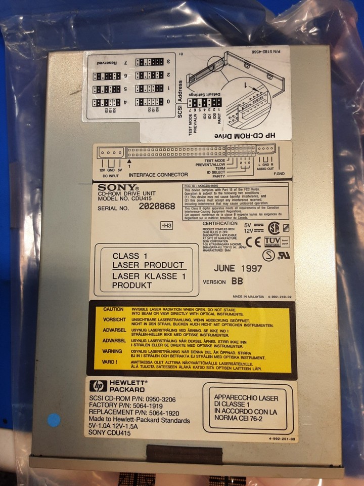 SONY CDU415 12X SCSI CD-ROM Optical DRIVE HP 0950-3206 5064-1919 5064 ...