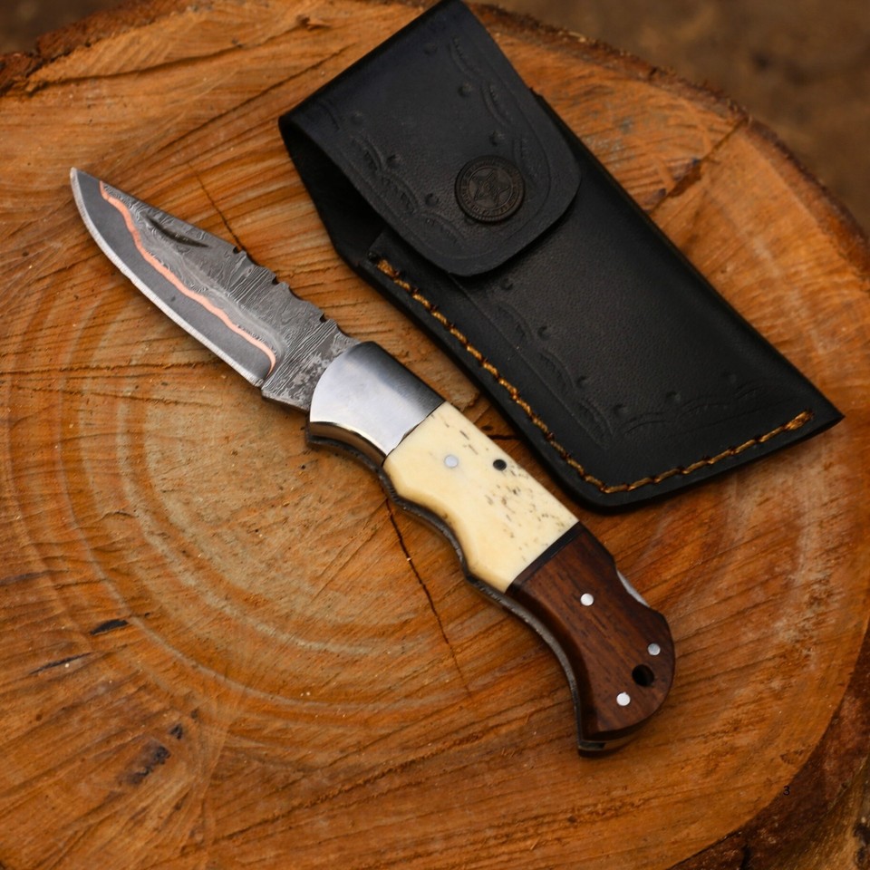 Handmade Copper Damascus Steel Folding Knife – Pocket EDC Blade ...