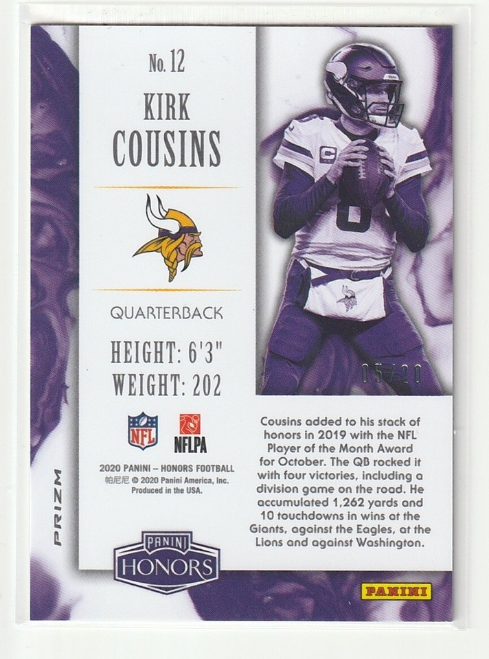 2020 Playoff Honors Kirk Cousins Gold /20 COLOR MATCH! VIKINGS! KIRKO ...