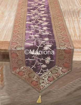 Satin Embroidered Aari Zari Table Runner Indian Purple Silk Brocade ...