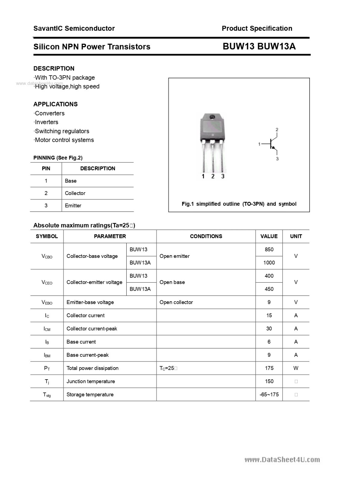 BUW13A NPN SILICON TRANSISTOR.SWITCHING REGULATORS PWM INVERTERS ...