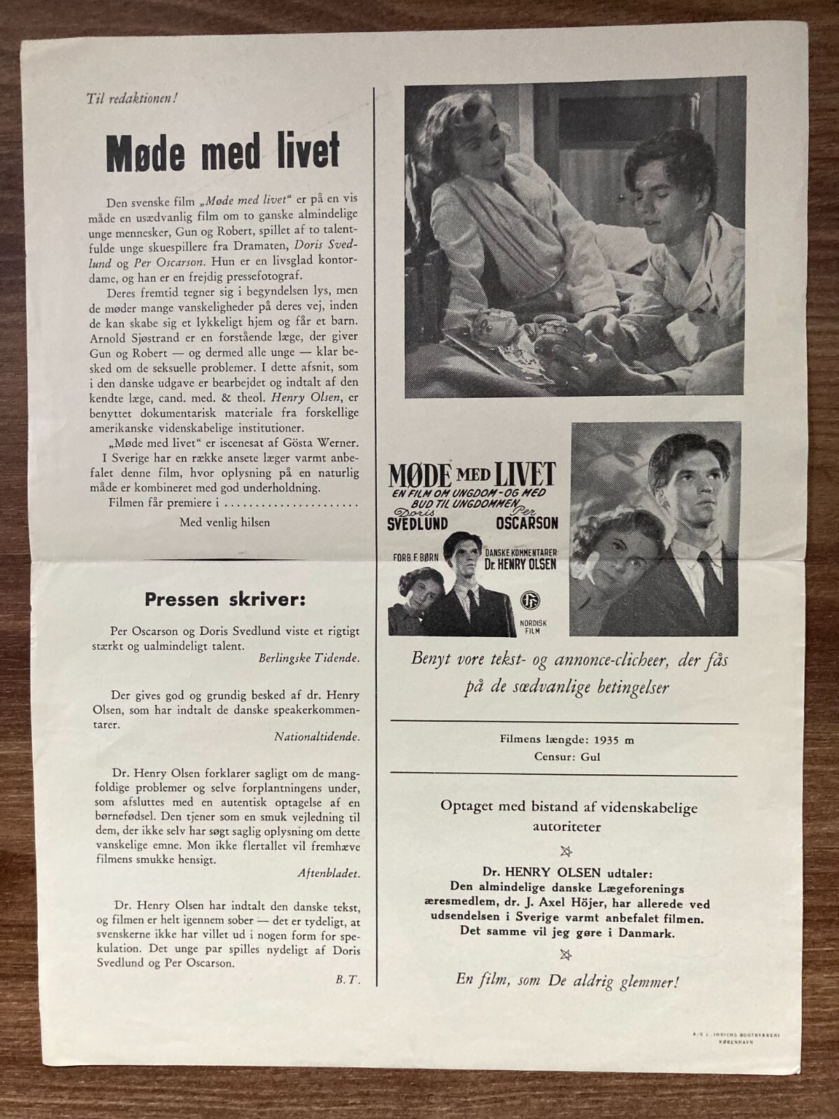 Möte med livet Doris Svedlund, Per Oscarsson 1952 Danish Press Release | eBay