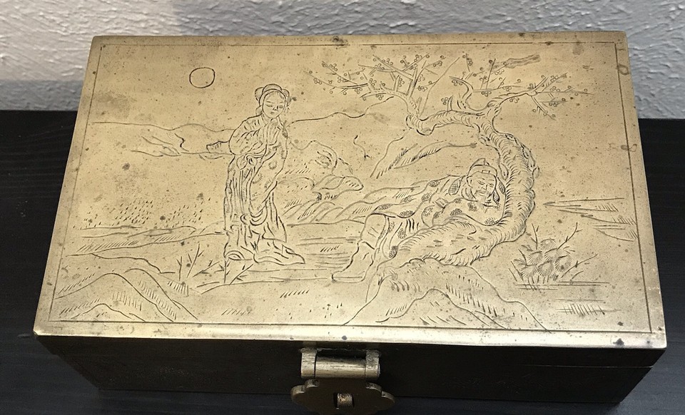Vintage Chinese Woodlined Brass Box with Engraved Mythological Scene | eBay