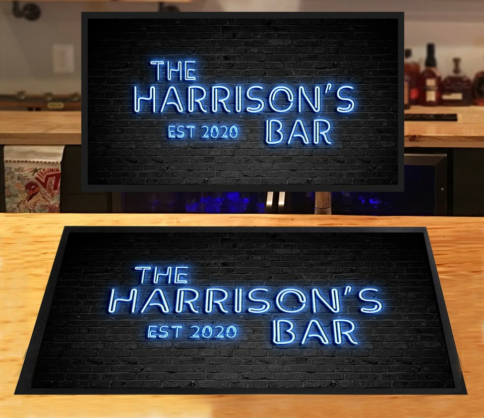 Personalised Bar Runner mat - Blue Neon effect Cocktail Bar runner Beer ...