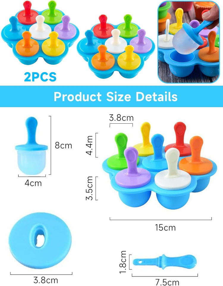 2 PCS Mini Silicone Popsicle Molds, 7-Cavity Silicone Ice Pop Mold with ...