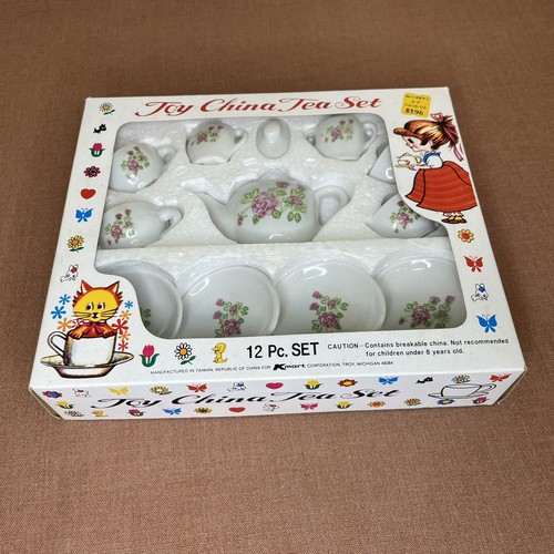 Vintage Toy Porcelain Tea Set 12 pc in Box White w/Pink Floral Design ...