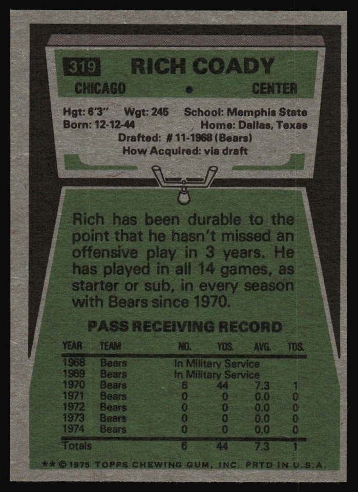 1975 Topps Rich Coady #319 Chicago Bears L3 | eBay