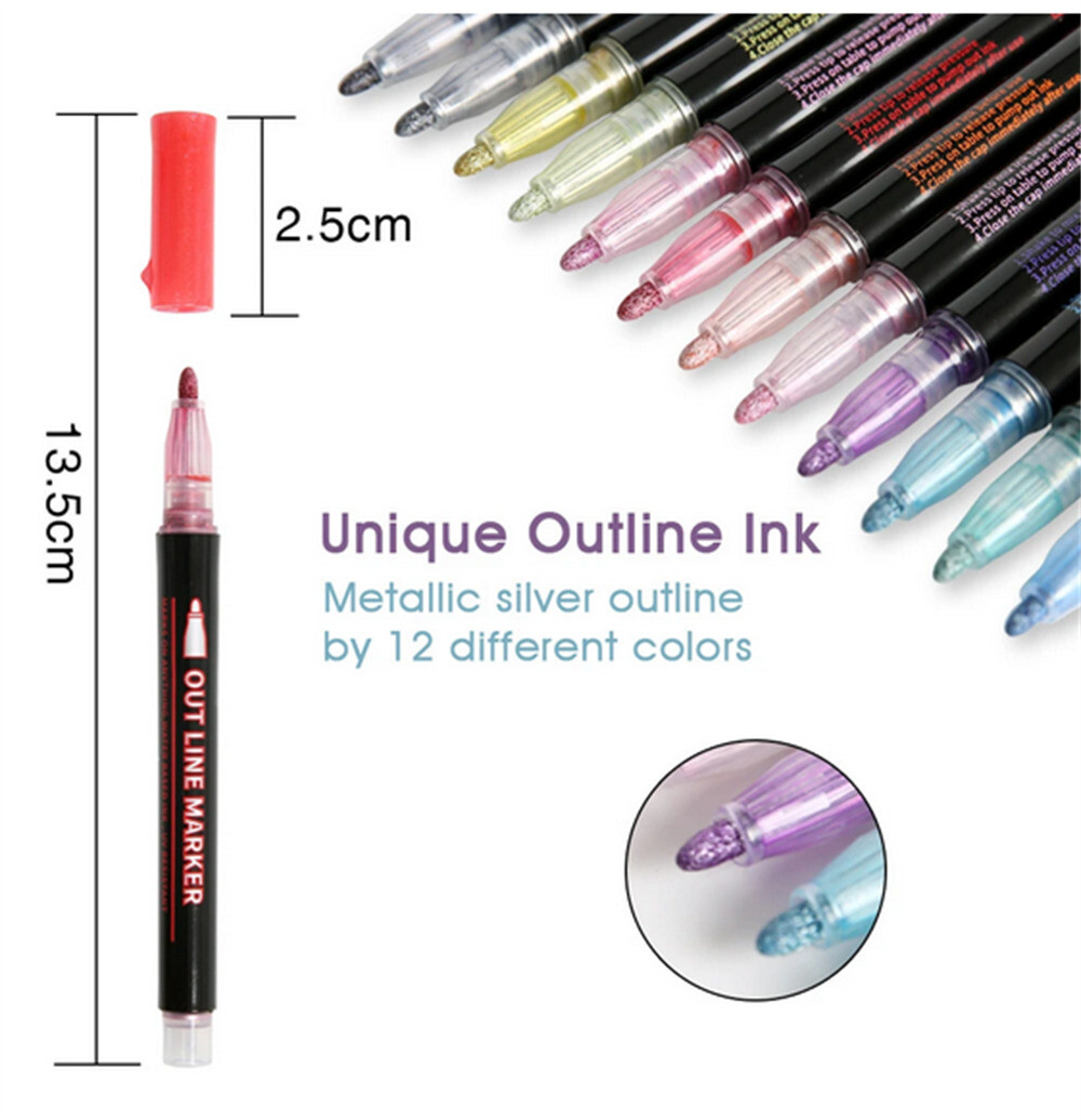 12 Colors Drawing Double Line Outline Pen Highlighter Marker Pens For ...