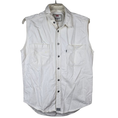 Vtg Levi's Denim Sleeveless Button Shirt Men's Sz L Ivory Pockets WPL ...